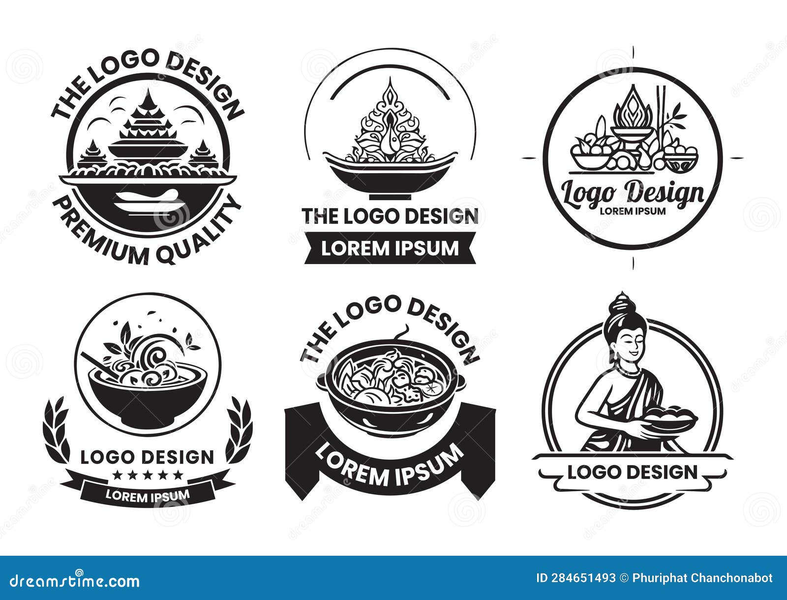 Thai Restaurant Logo in Flat Line Art Style Stock Vector - Illustration ...