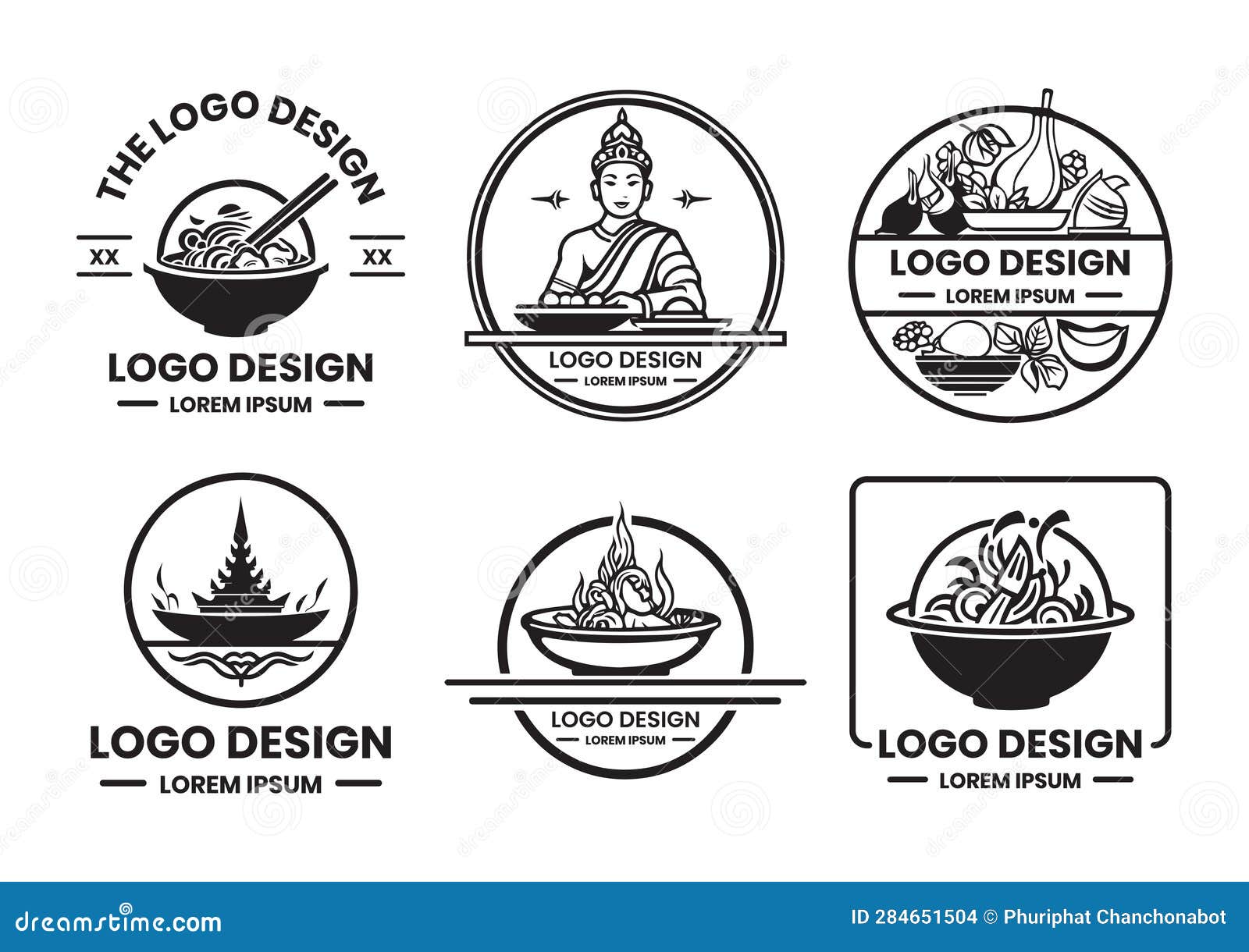 Thai Restaurant Logo in Flat Line Art Style Stock Vector - Illustration ...