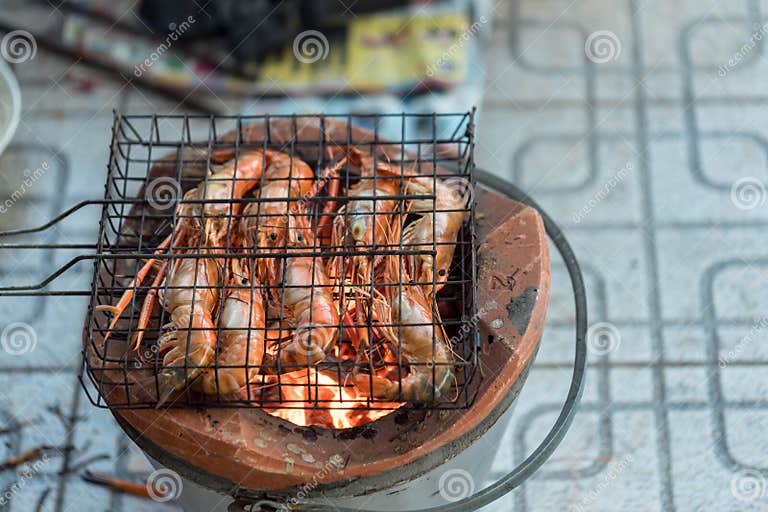 Thai River Prawns Grilled Over Charcoal Grill Grilled On A Bbq Thai