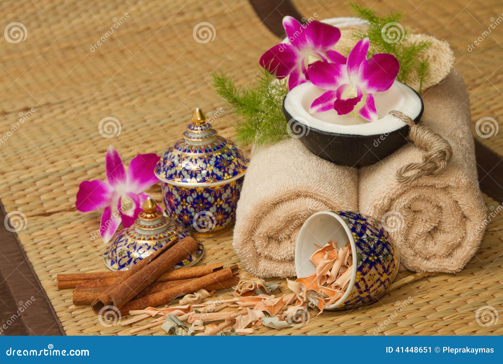 Thai Spa Massage Setting With Spa Essential Oil Towel Herb Stock