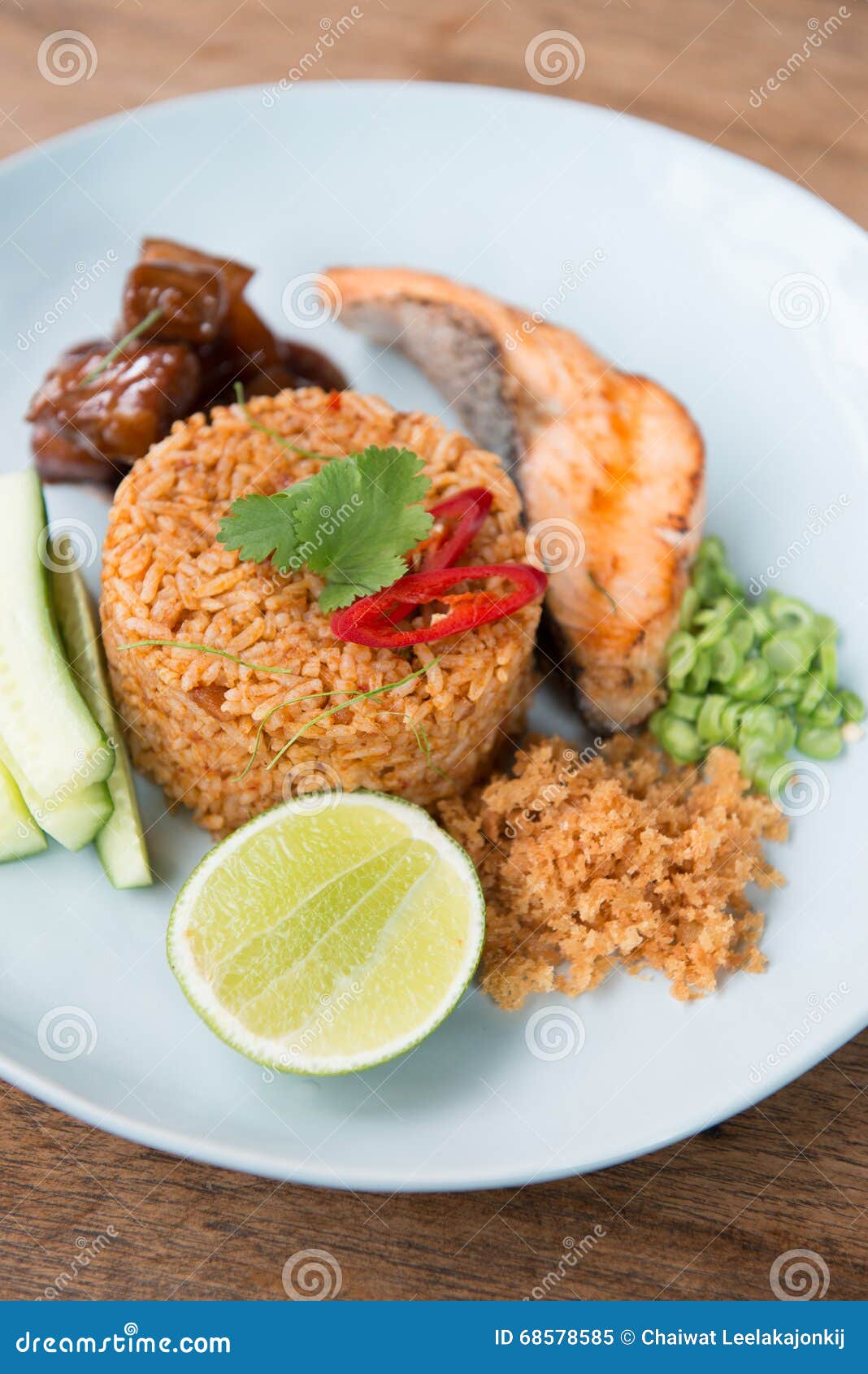 Thai Spicy Fried Rice with Salmon. Stock Image - Image of food, lemon ...