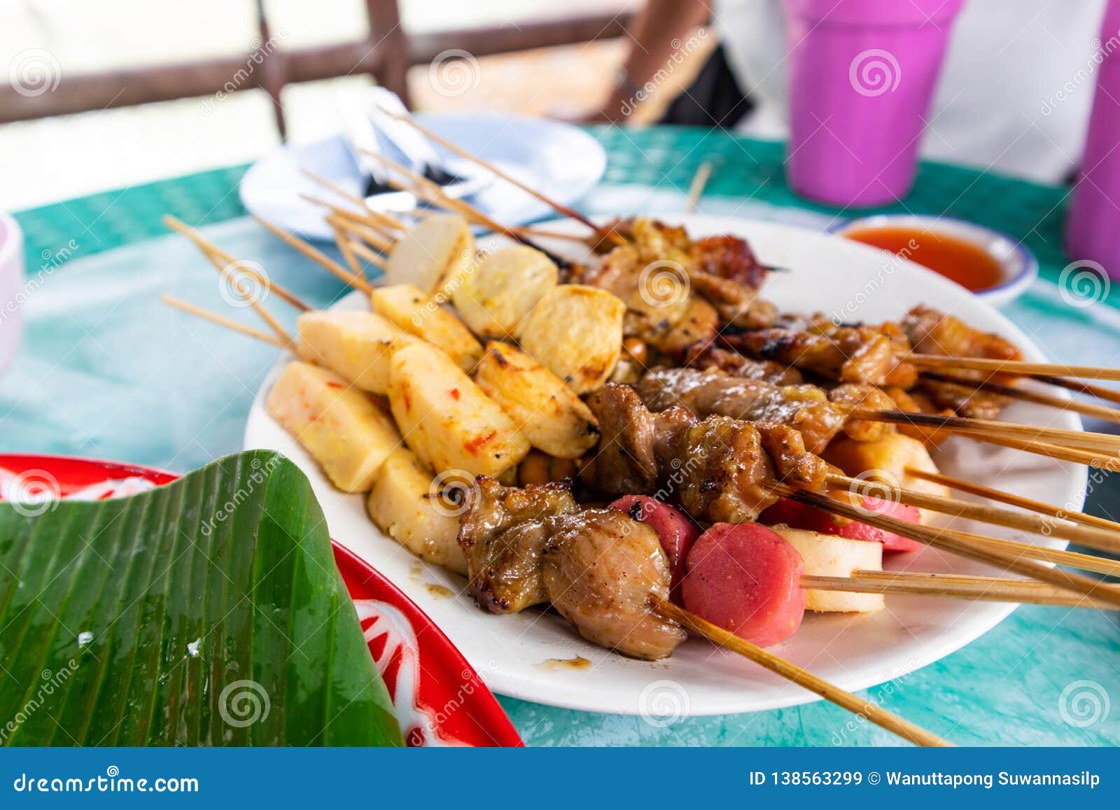 Thai Style BBQ Pork, Sausage, Crab Sticks Stock Image - Image of ...