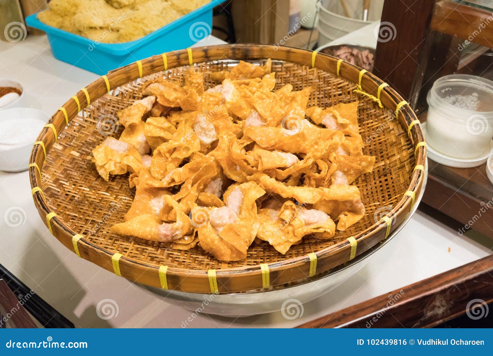 Thai Style Deep-fried Pork Dumpling in Wicker Basket Stock Photo ...