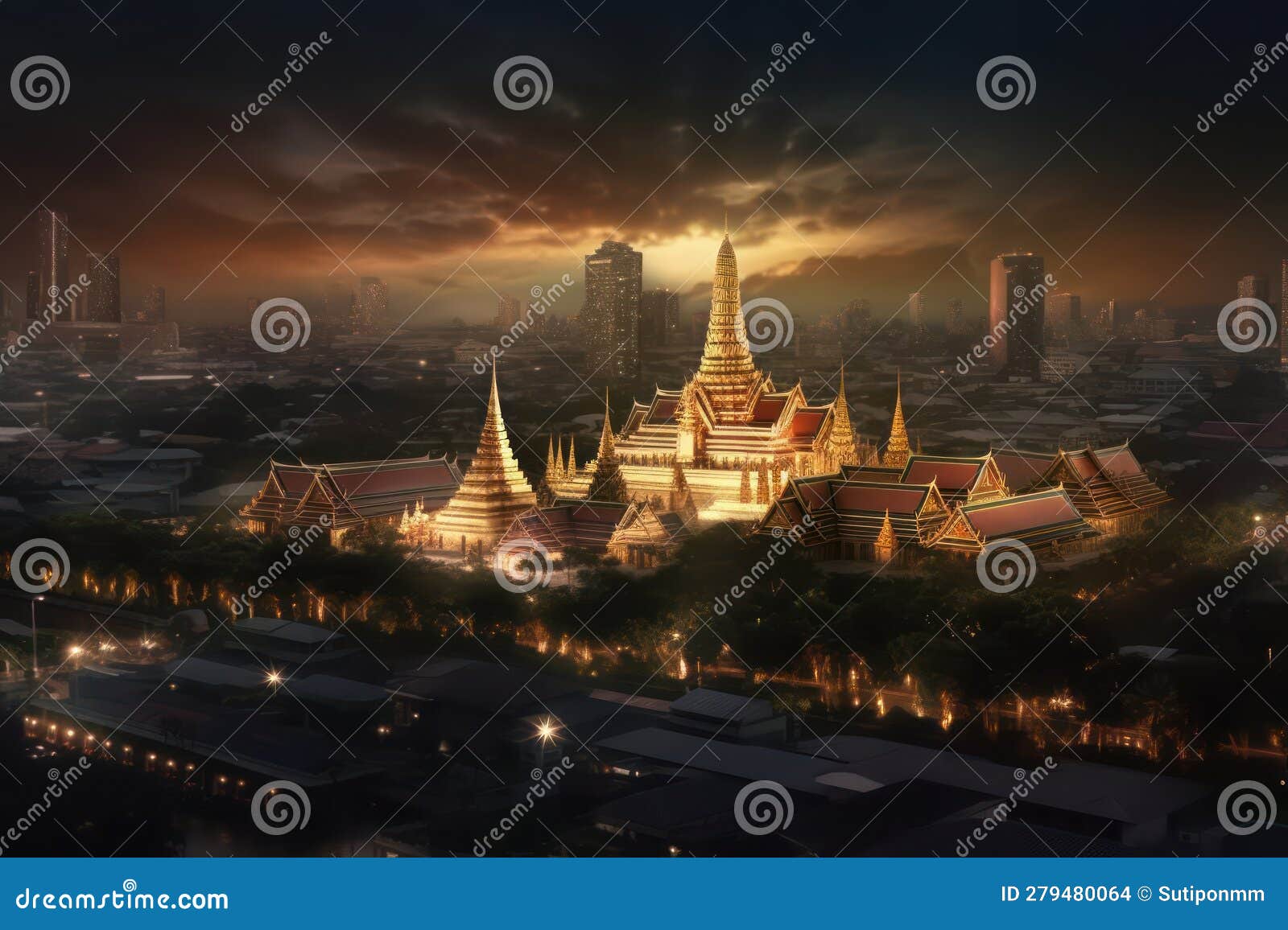 Thai Temple City at Night with Ai Generated Stock Illustration ...