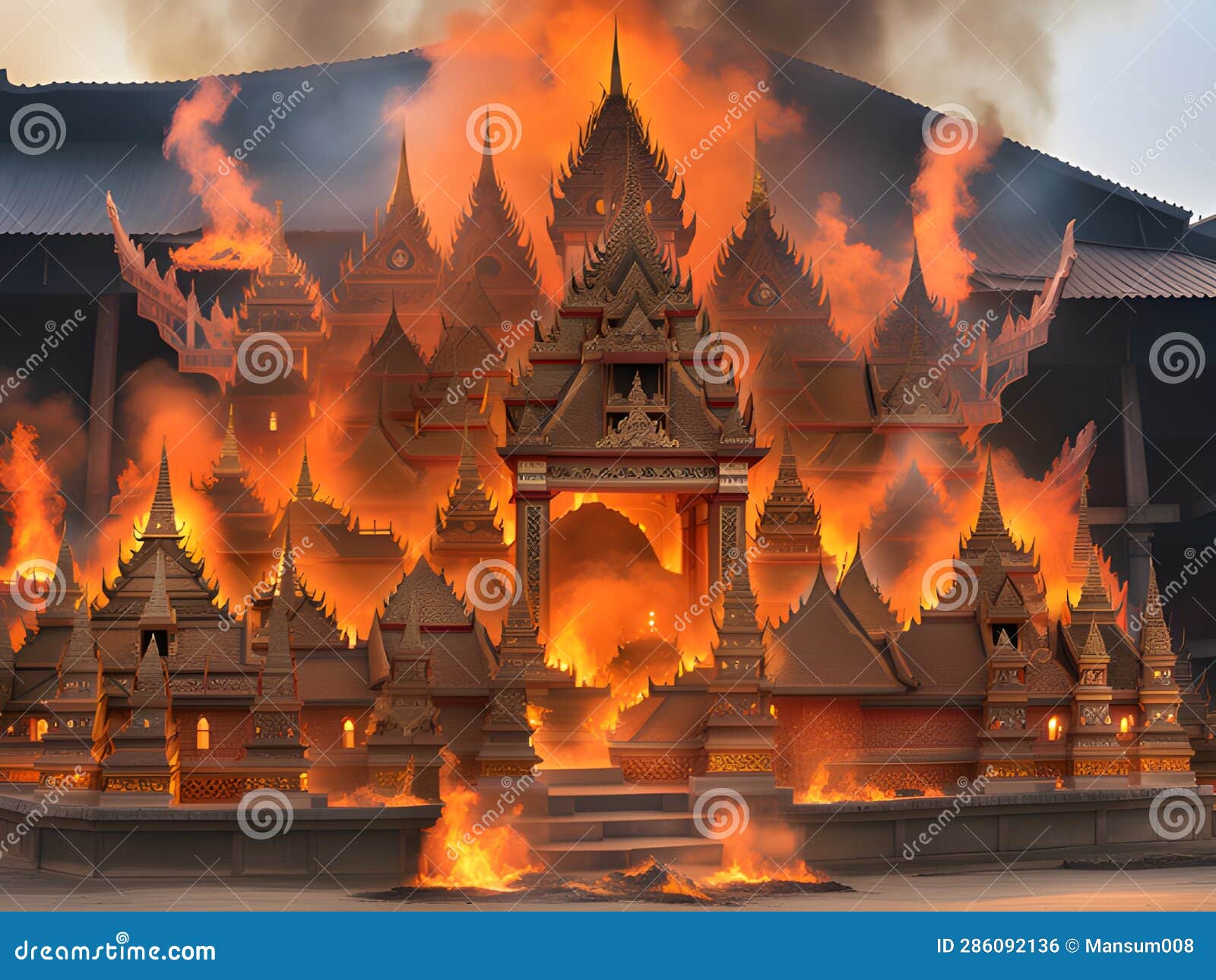 Thai Temple with Fire , Hell Concept, Ai Generated Stock Illustration ...
