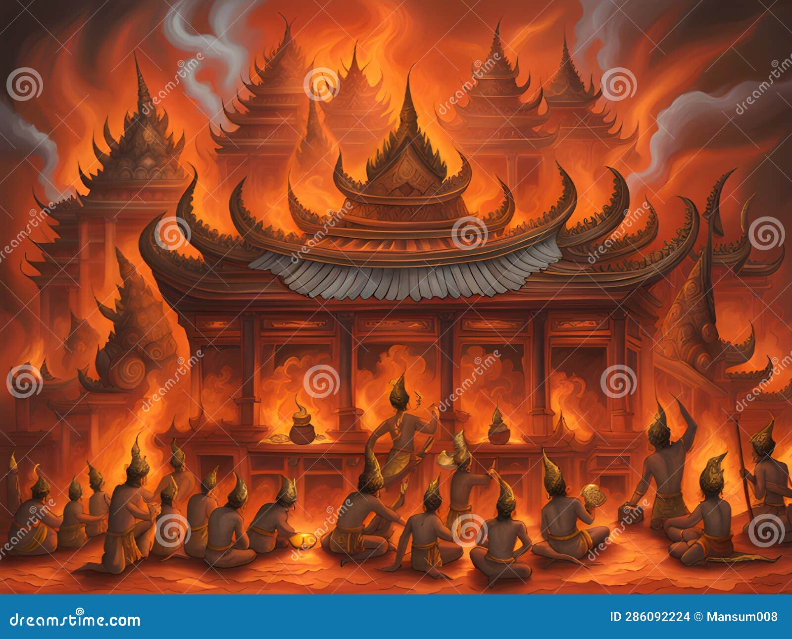 Thai Temple with Fire , Hell Concept, Ai Generated Stock Illustration ...