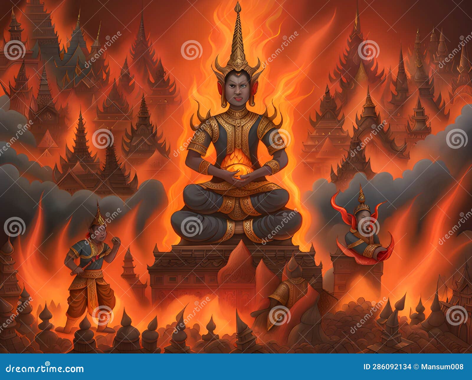 Thai Temple with Fire , Hell Concept, Ai Generated Stock Illustration ...