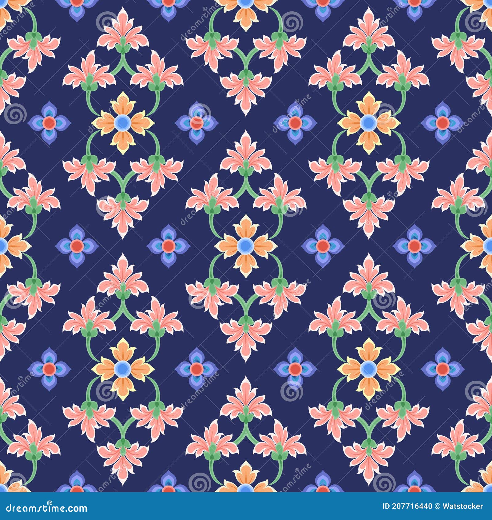 Thai Traditional Art on Blue Background Seamless Pattern. Stock Vector ...