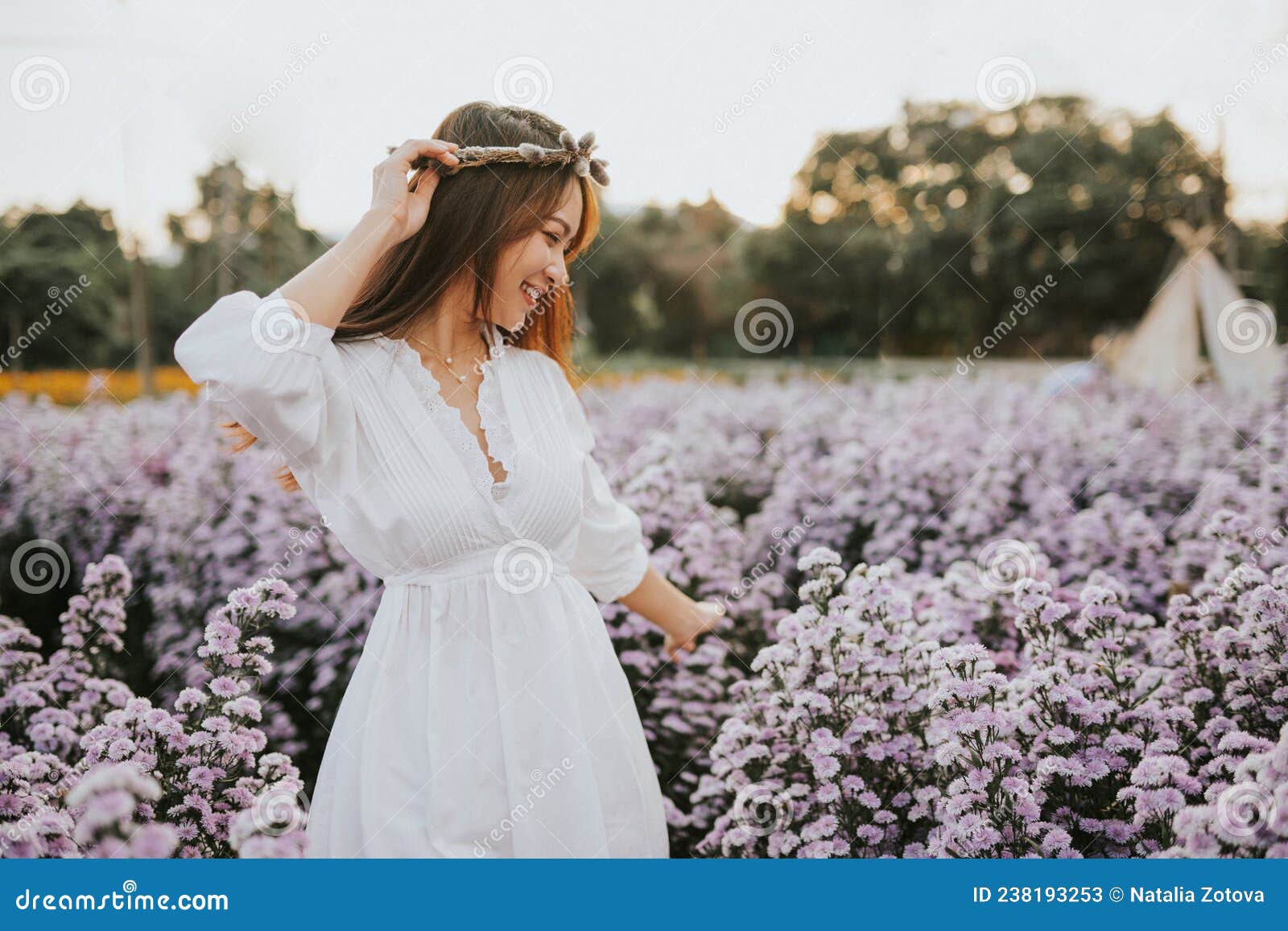 Thai Woman Running in Flower Field Stock Image - Image of tender, white ...