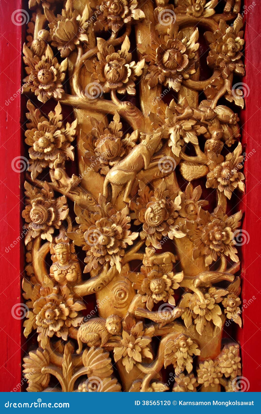 Thai Woodcraft Golden Art God Pattern At Temple Door Buddhist Religion ...