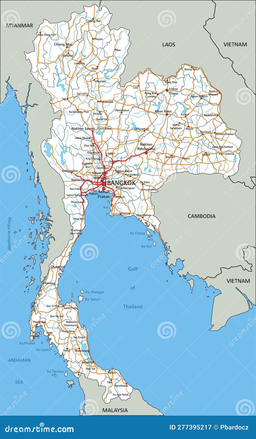 Detailed Thailand Road Map with Labeling. Stock Vector - Illustration ...