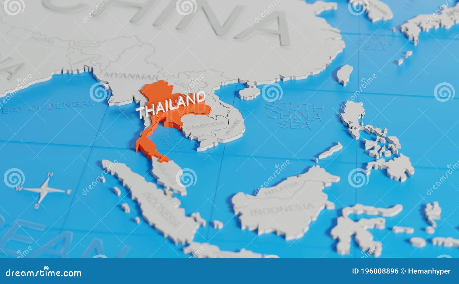Thailand Highlighted on a White Simplified 3D World Map. Digital 3D ...