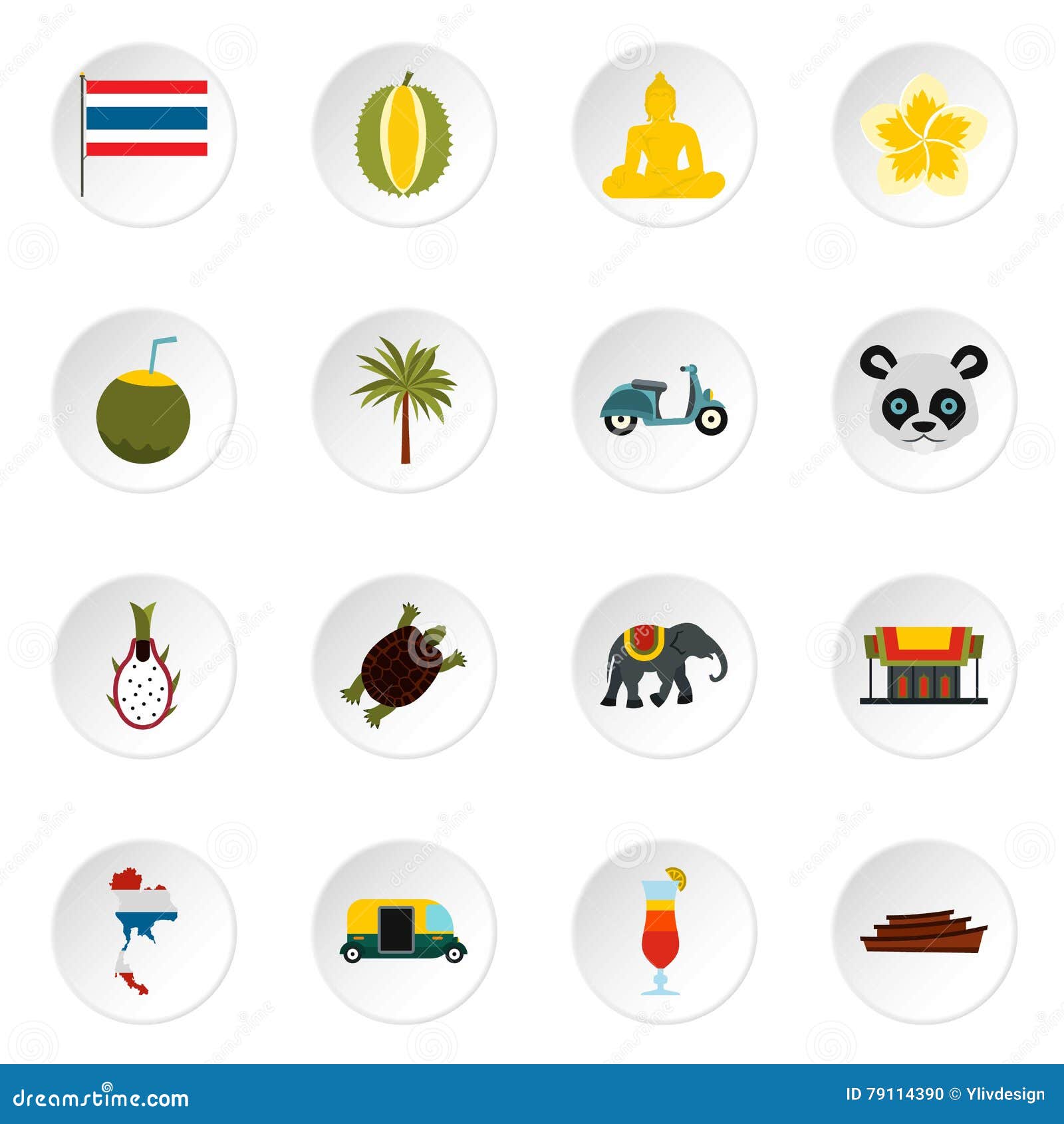 Thailand Icons Set, Flat Style Stock Vector - Illustration of palm ...