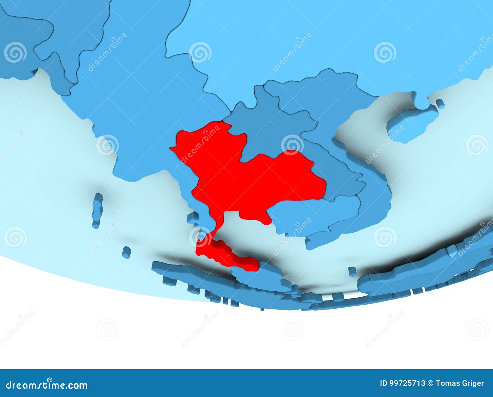 Thailand in Red on Blue Map Stock Illustration - Illustration of ...