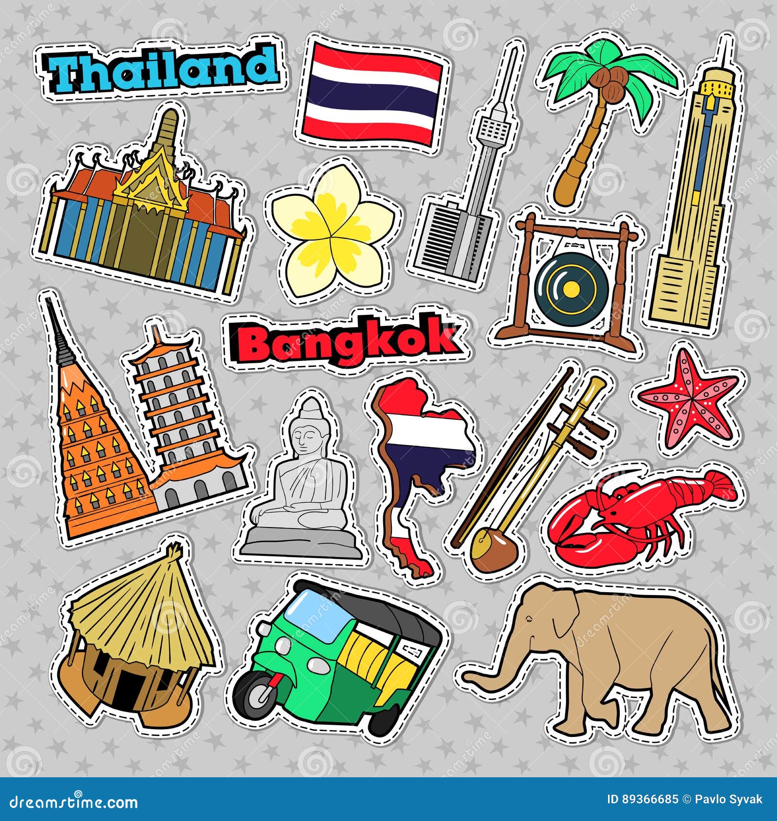 Thailand Travel Elements with Architecture for Badges, Stickers, Prints ...