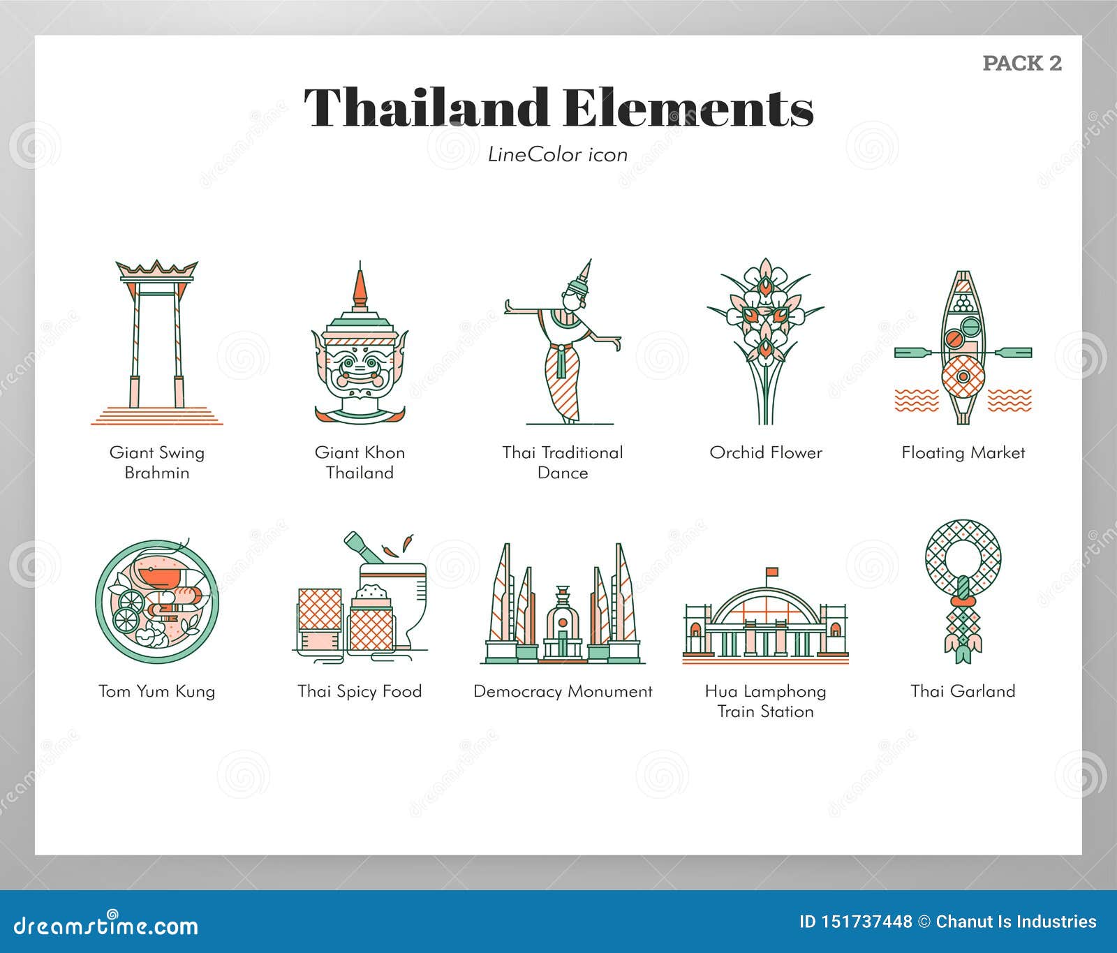 Thailand Elements LineColor Pack Stock Vector - Illustration of ching ...