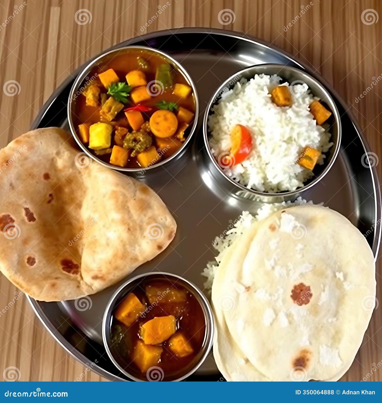 A Thali with Mixed Vegetable Curry, Rice, and Chapati Served with a ...