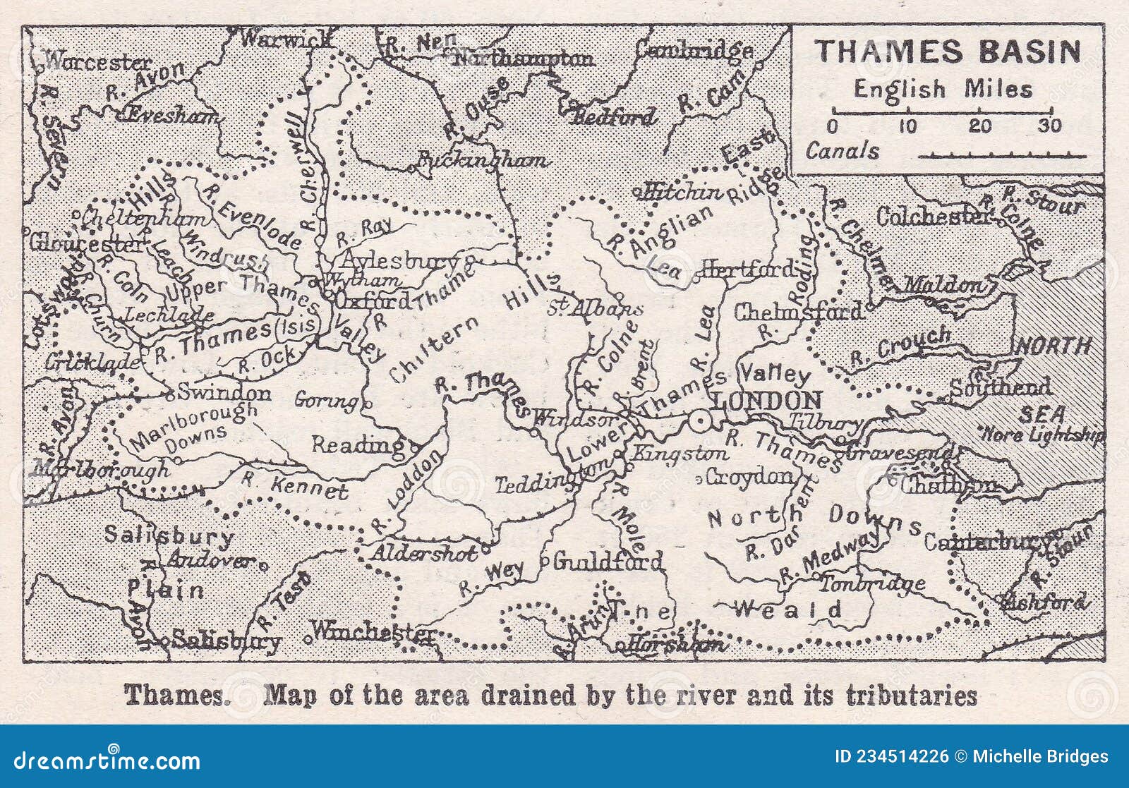 Vintage Map Of The Thames Basin Showing The Area Drained By The River ...