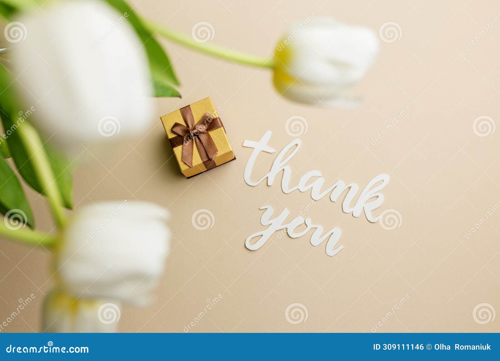 Thank You Note with Gift Box and White Tulips Stock Photo - Image of ...