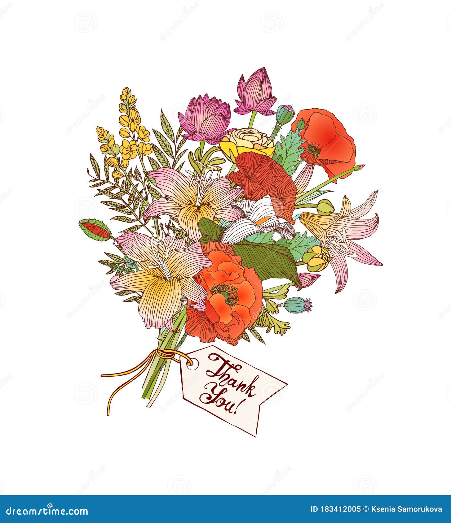 Thank You Card with a Bouquet Stock Vector - Illustration of flower ...