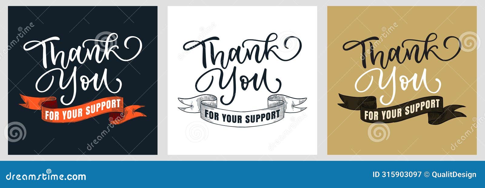 Thank You For Your Support Cards Set Hand Drawn Calligraphy Lettering