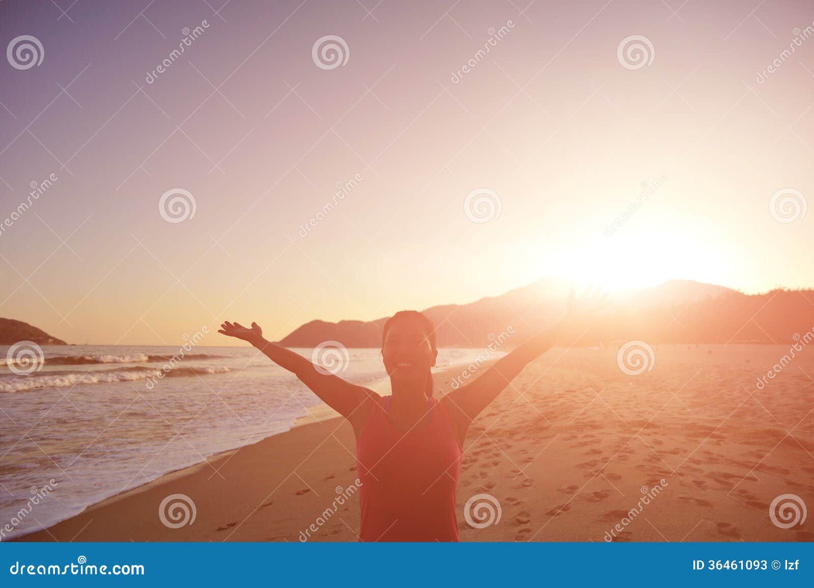 Thankful Woman Open Arms on Beach Stock Image - Image of cheering ...