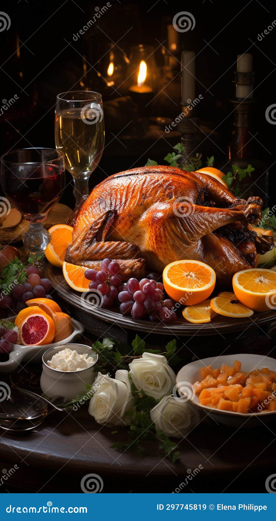 Thanksgiven Dinner Table with Roasted Turkey and Vegetables, Side View ...