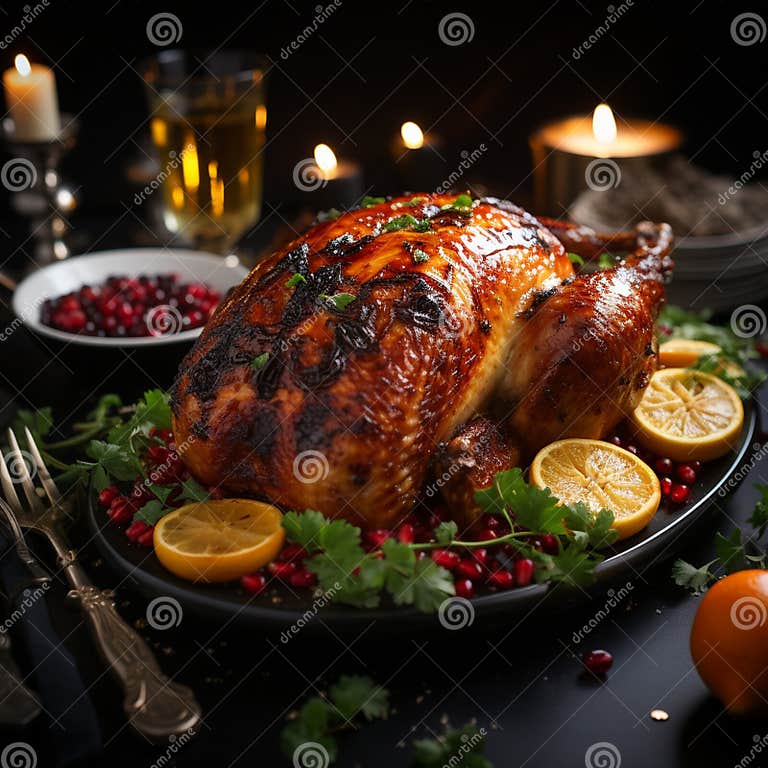 Thanksgiven Dinner Table with Roasted Turkey and Vegetables, Side View ...