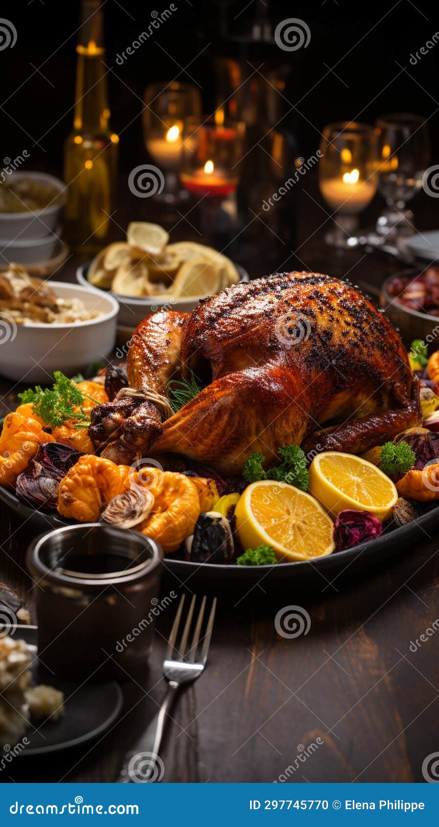 Thanksgiven Dinner Table with Roasted Turkey and Vegetables, Side View ...
