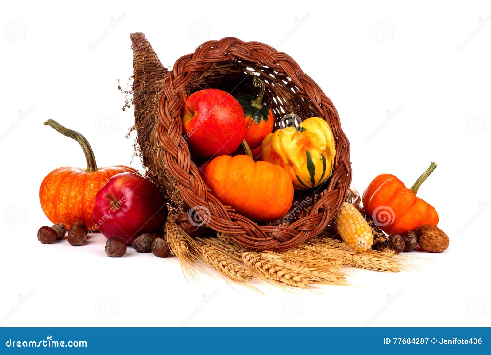 Thanksgiving Cornucopia with Pumpkins, Apples and Gourds Isolated on ...