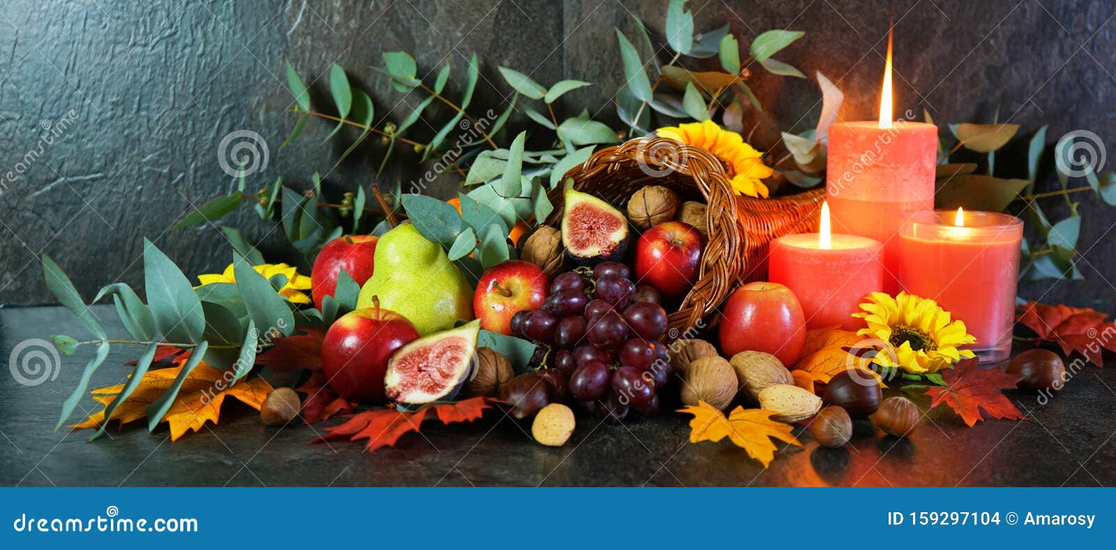 Thanksgiving Cornucopia Table Setting Centerpiece Close Up. Stock Photo ...