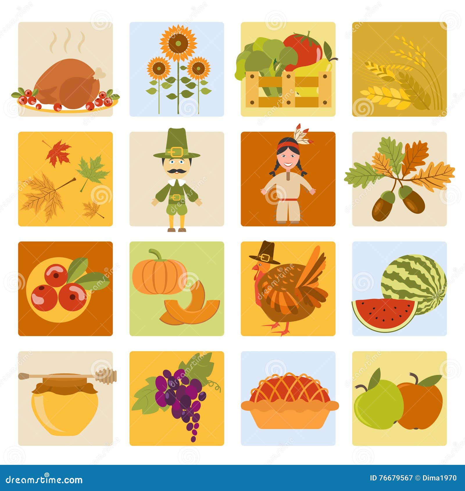 Thanksgiving Day Icon Set. Flat Style Stock Vector - Illustration of ...