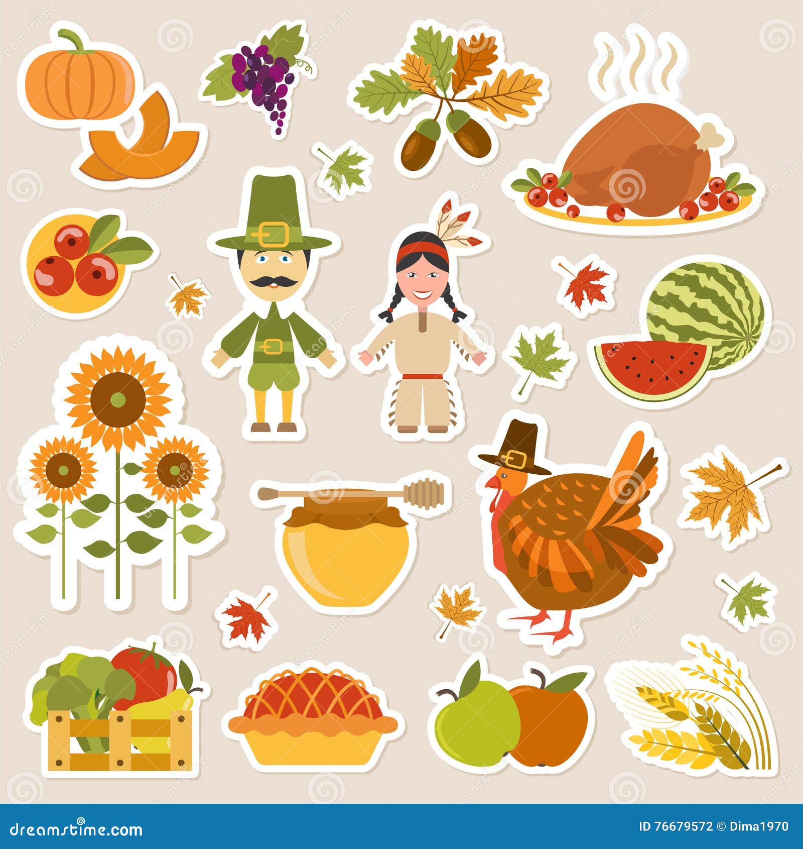 Thanksgiving Day Icon Set. Flat Style Stock Vector - Illustration of ...