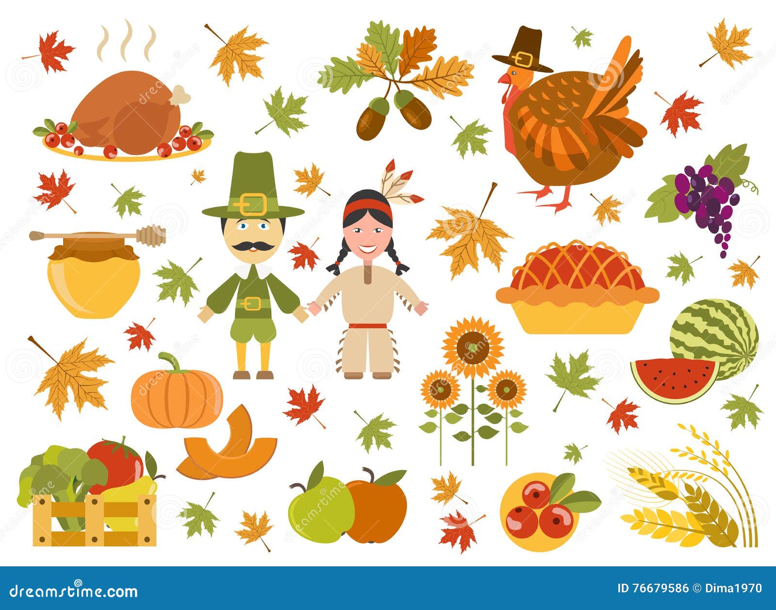 Thanksgiving Day Icon Set. Flat Style Stock Vector - Illustration of ...