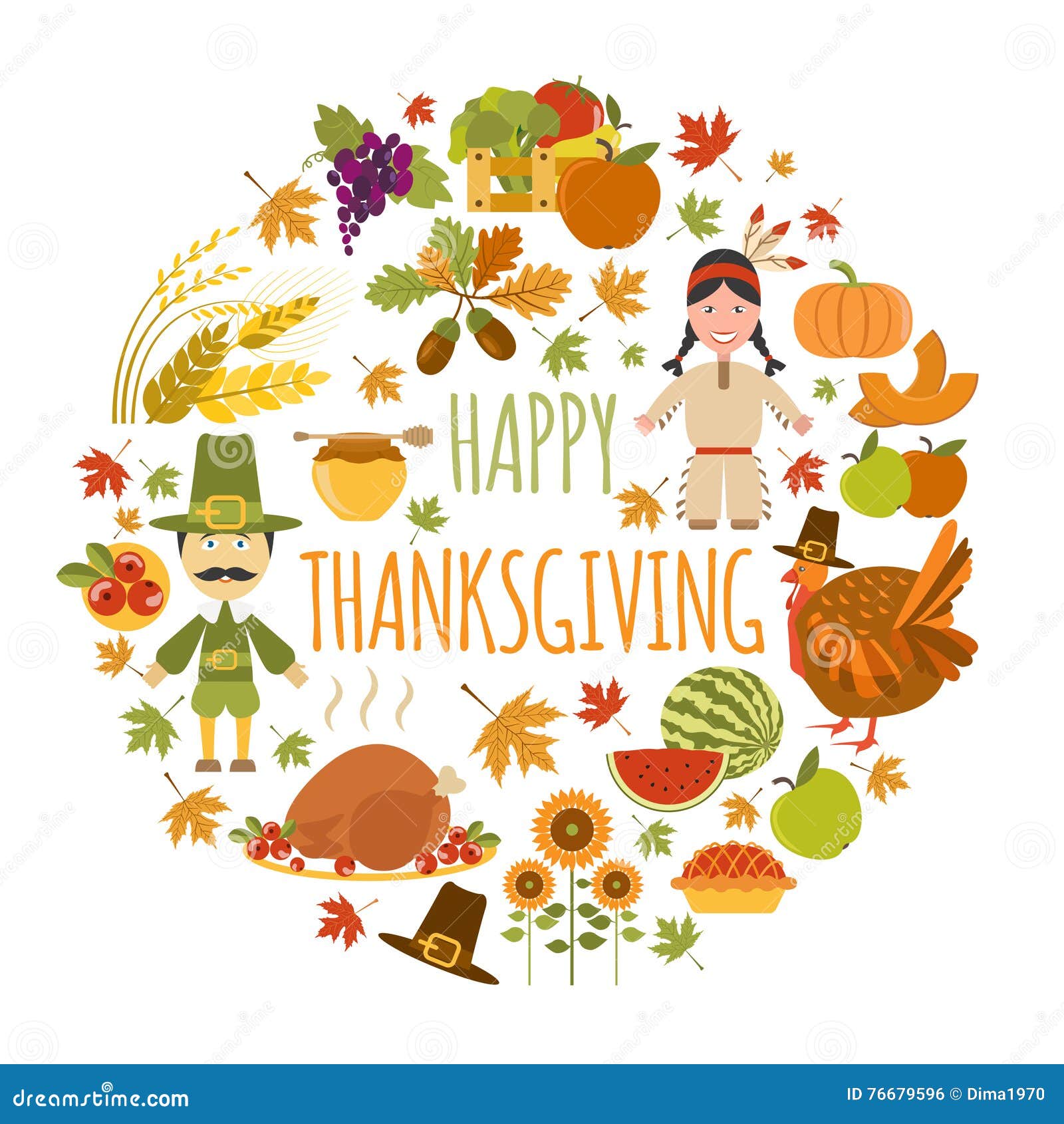Thanksgiving Day Icon Set. Flat Style Stock Vector - Illustration of ...