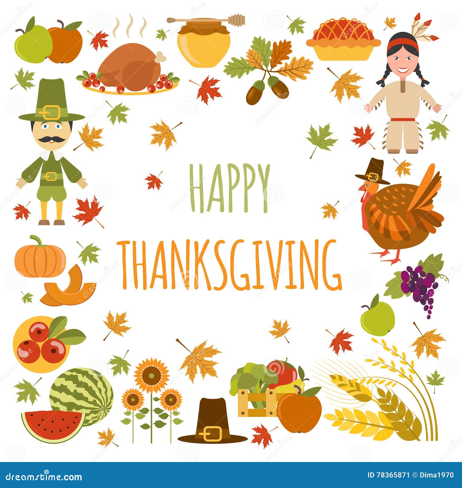 Thanksgiving Day Icon Set. Flat Style Stock Vector - Illustration of ...