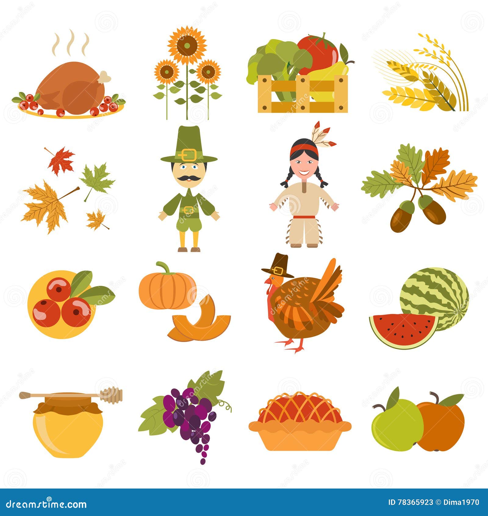 Thanksgiving Day Icon Set. Flat Style Stock Vector - Illustration of ...