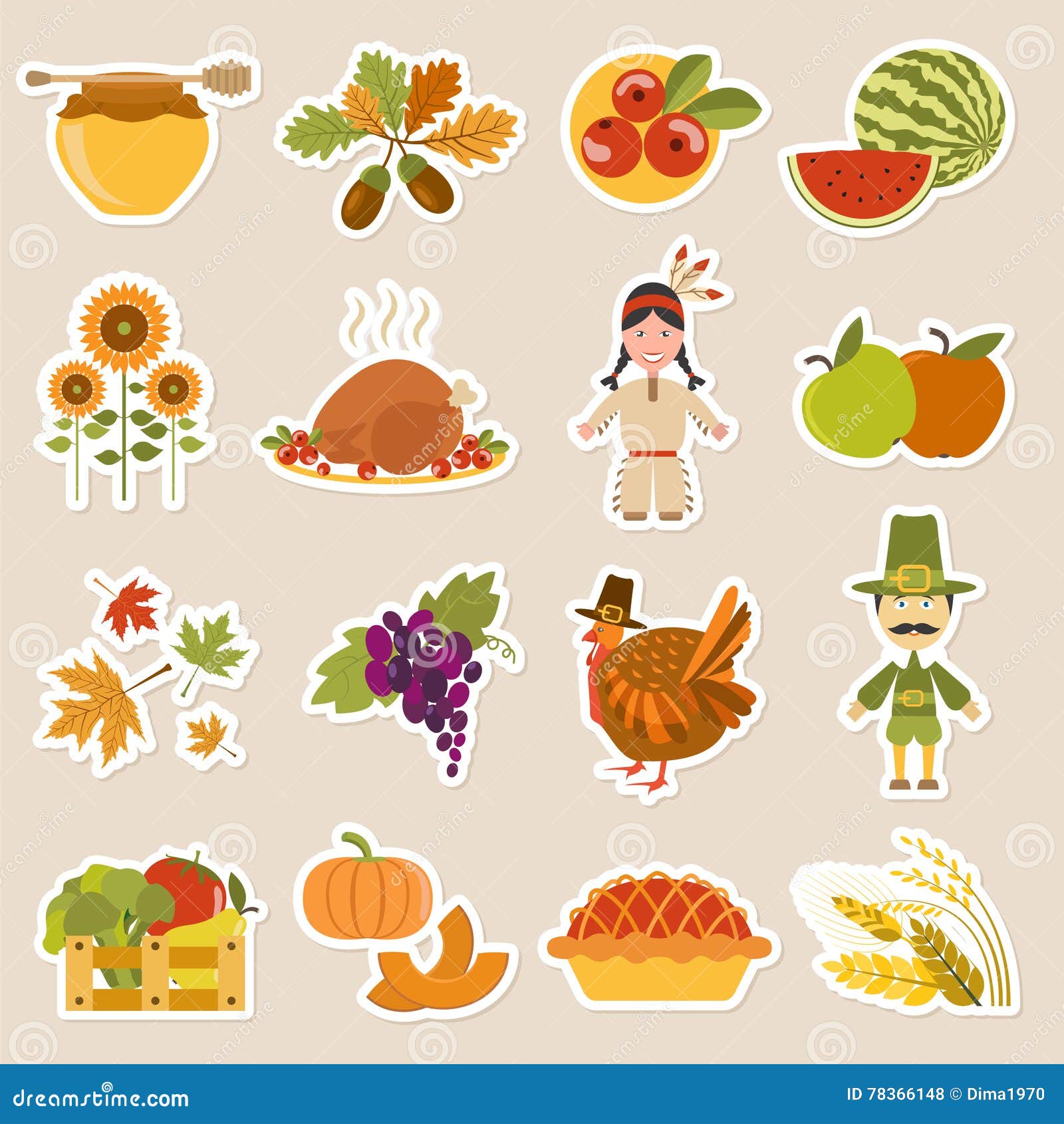 Thanksgiving Day Icon Set. Flat Style Stock Vector - Illustration of ...