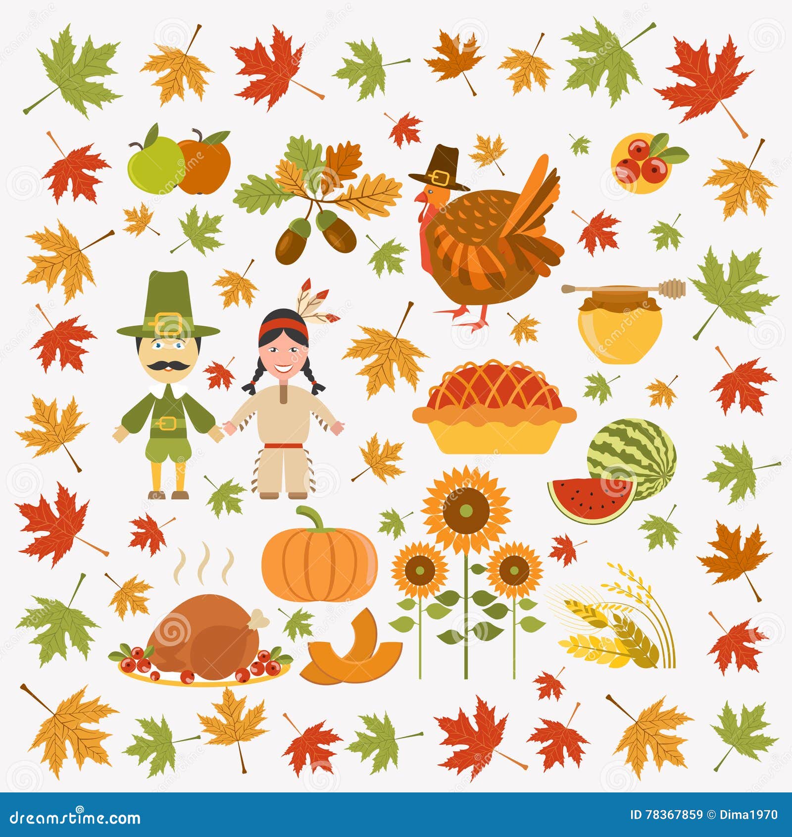 Thanksgiving Day Icon Set. Flat Style Stock Vector - Illustration of ...