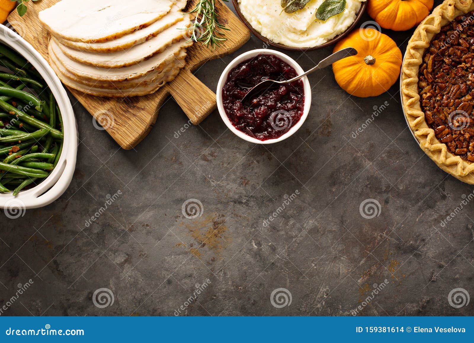 Thanksgiving Dinner Overhead View Stock Photo - Image of dishes ...