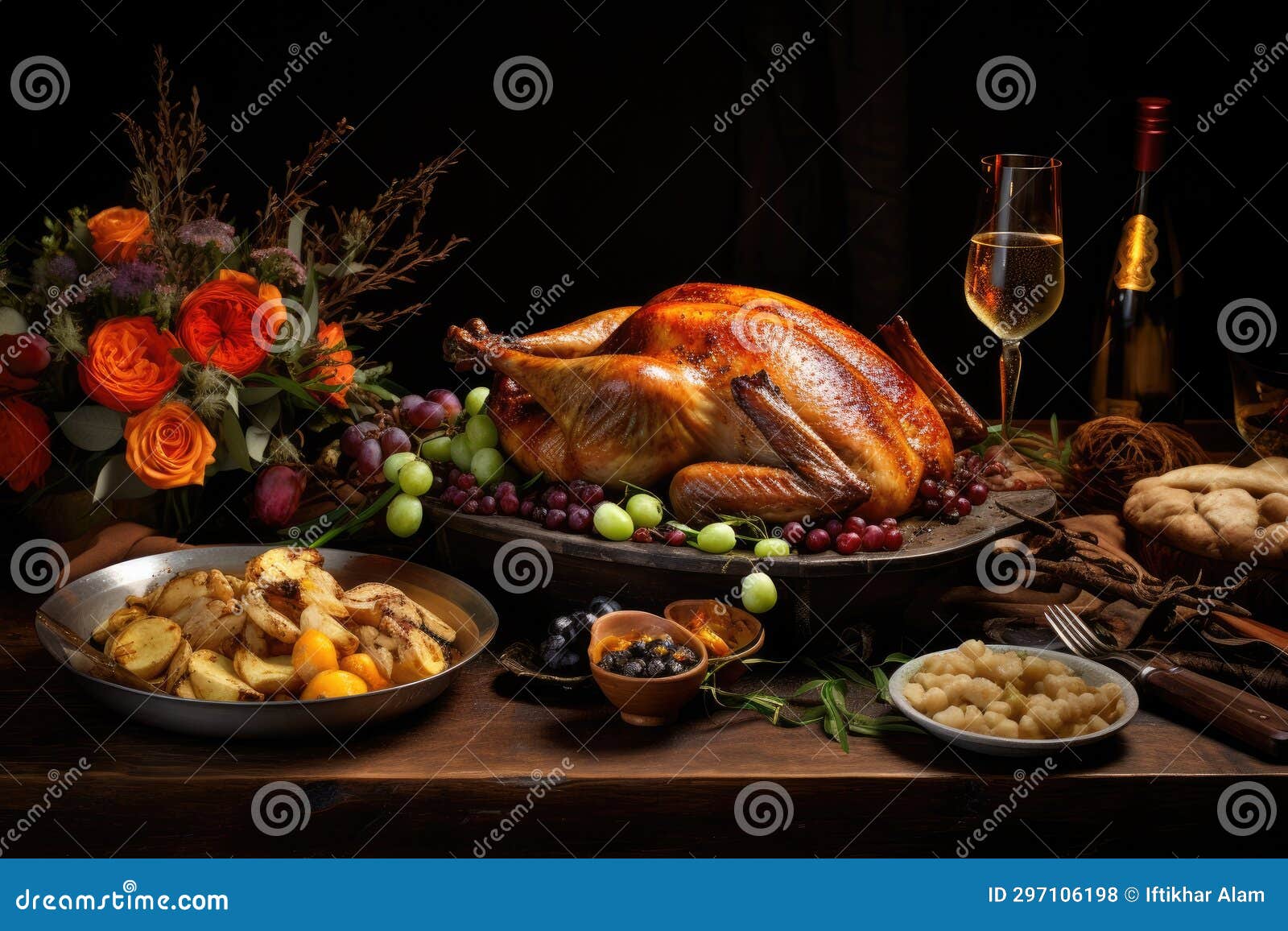 Thanksgiving Dinner with Roasted Turkey, Cornucopia, Grapes and Wine ...