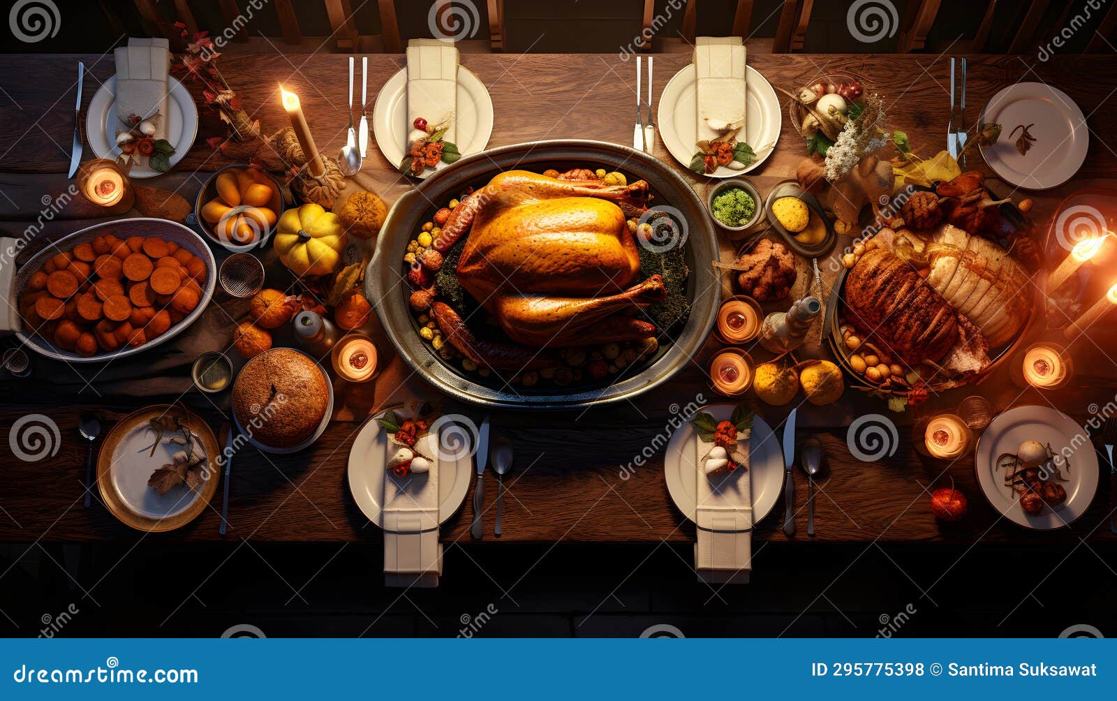 Thanksgiving Dinner Table Set Up with Roast Turkey Stock Illustration ...