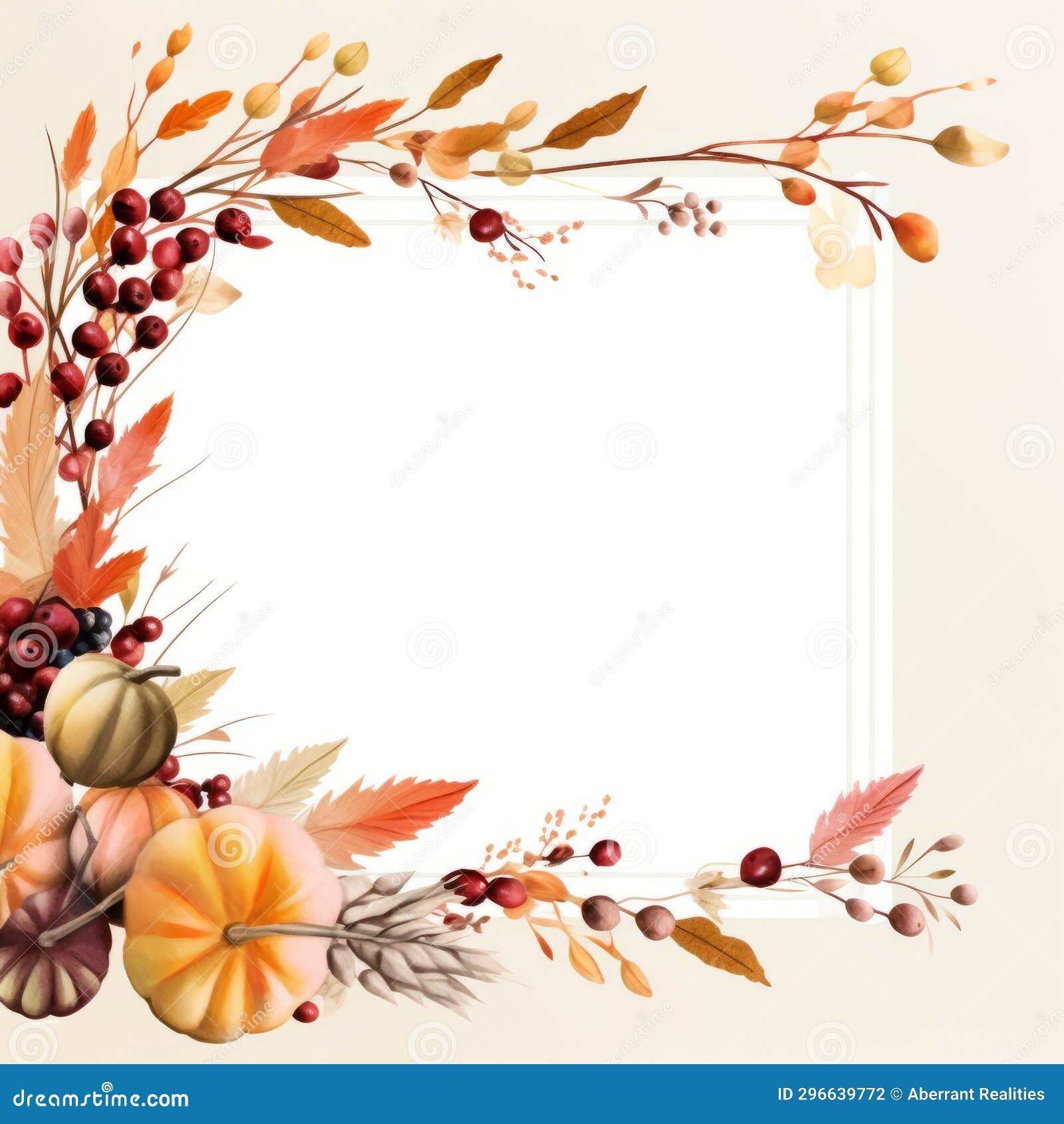 Thanksgiving Frame with Pumpkins Berries and Leaves on a Beige ...