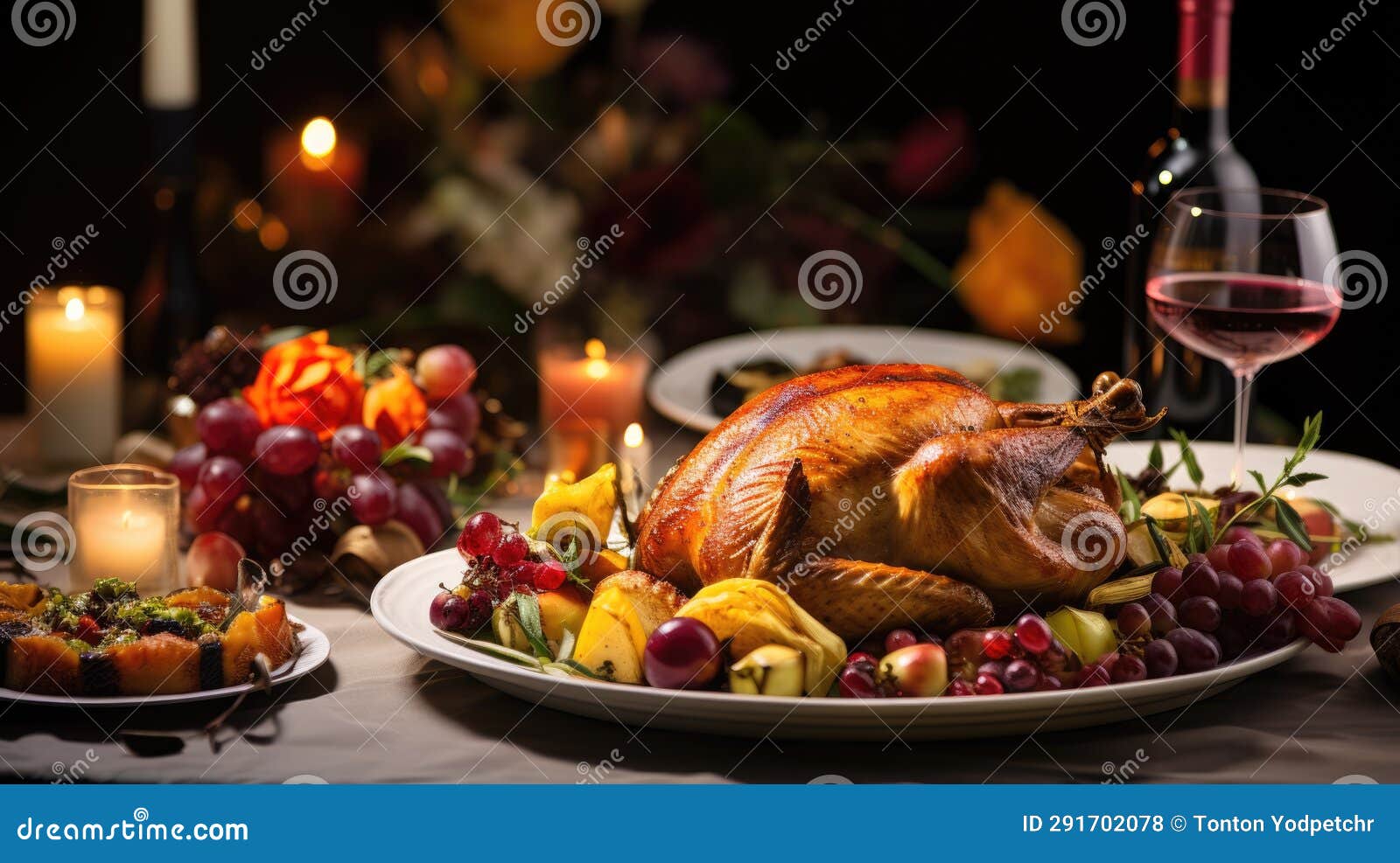 Thanksgiving Holiday Dinner Table Decorated with a Roasted Turkey Stock ...
