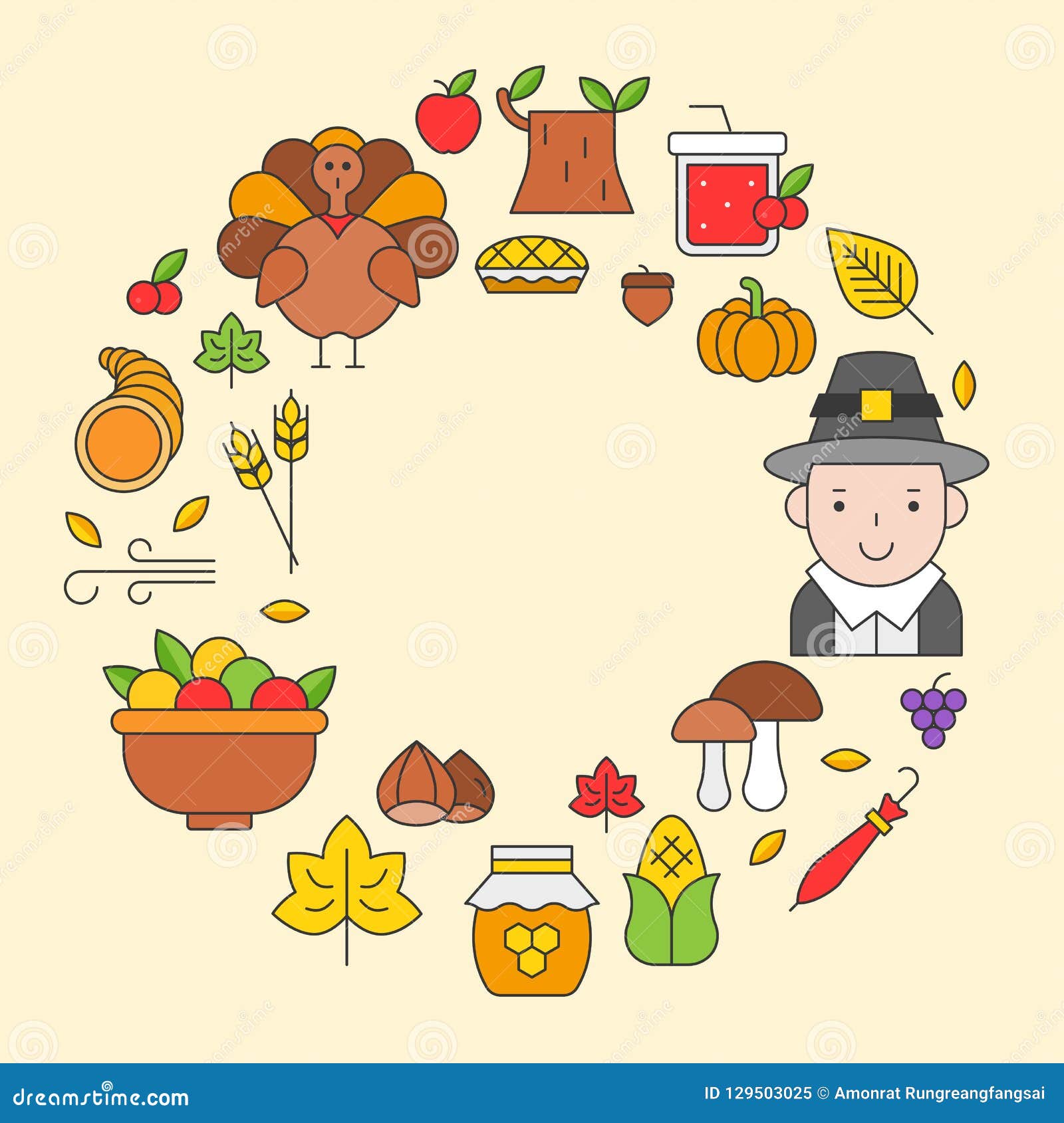 Thanksgiving Icon Arrange As Circle Frame Shape for Use As Cover Stock ...