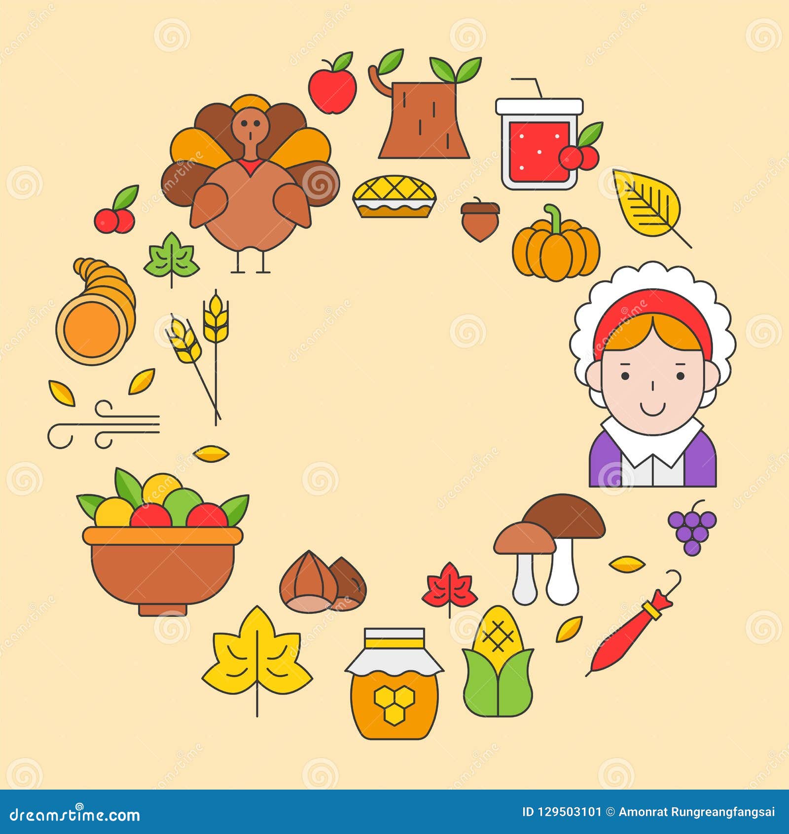 Thanksgiving Icon Arrange As Circle Frame Shape for Use As Cover Stock ...