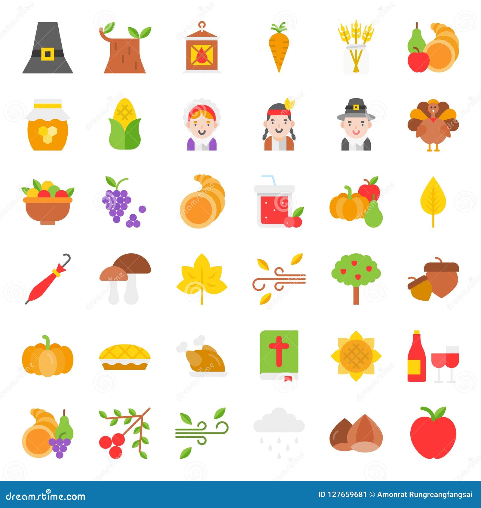 Thanksgiving Icon Big Set, Flat Design Stock Vector - Illustration of ...