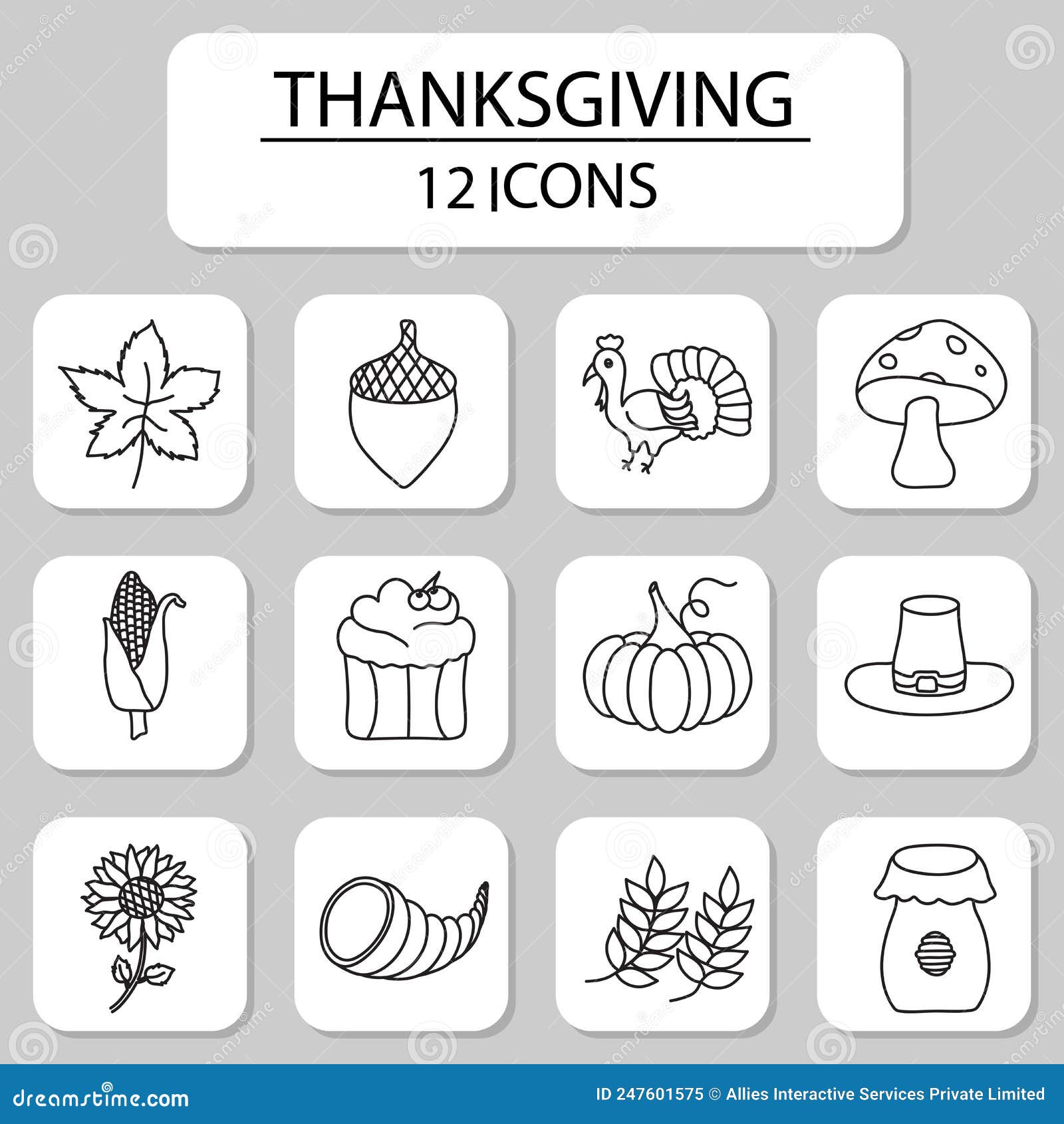 12 Thanksgiving Icons in Black Linear Style Stock Illustration ...