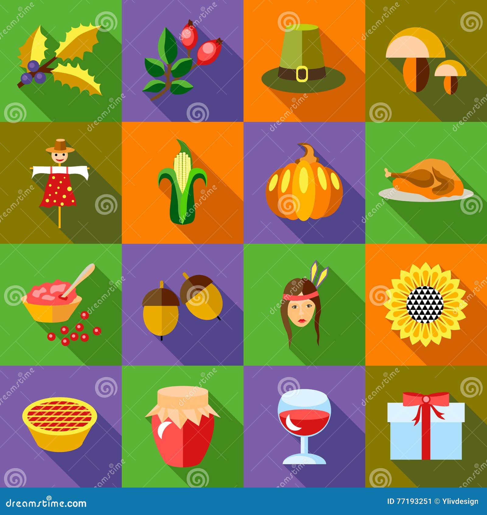 Thanksgiving Icons Set, Flat Style Stock Vector - Illustration of maple ...