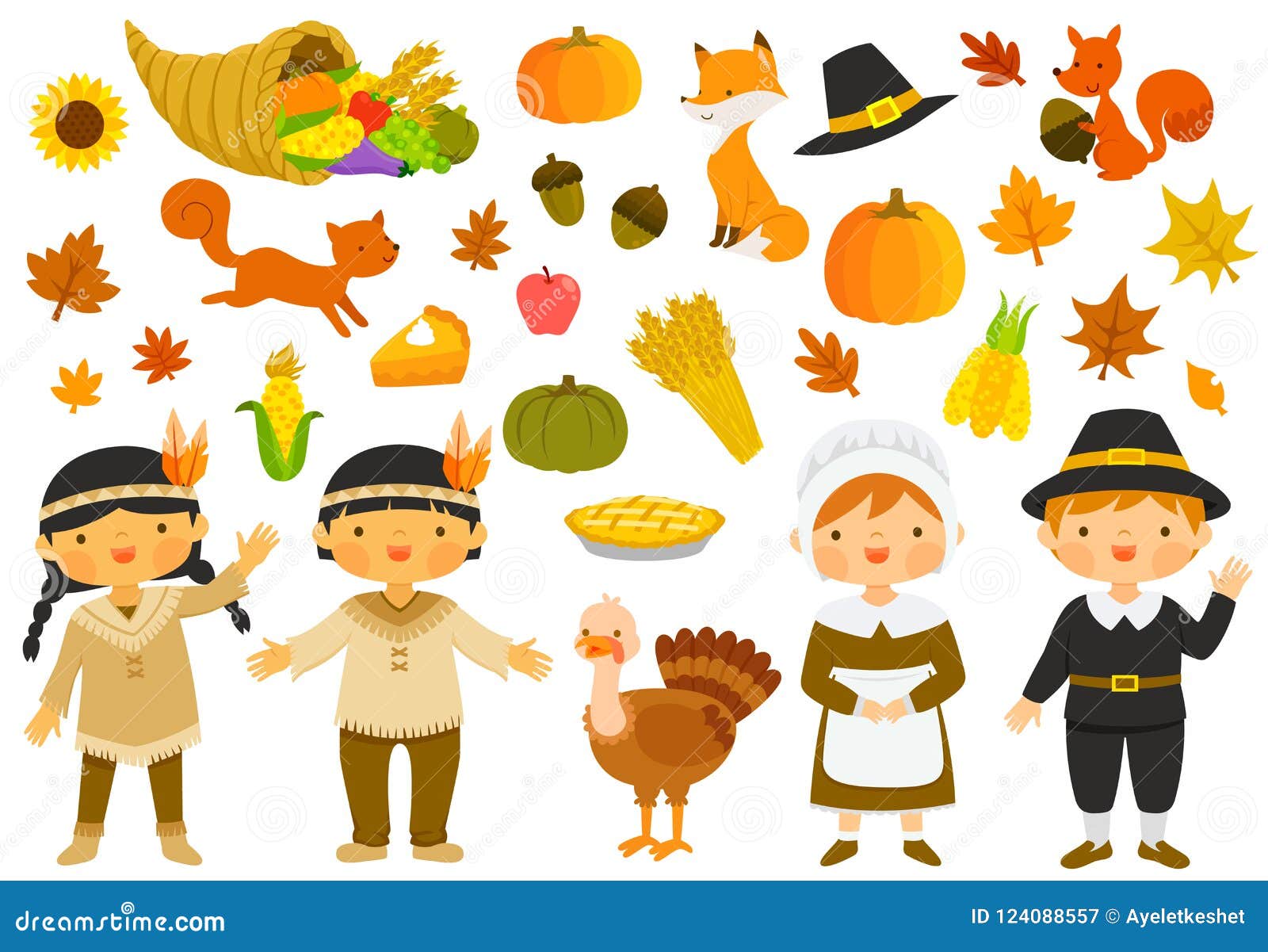 Thanksgiving Illustrations Set Stock Vector - Illustration of girl ...